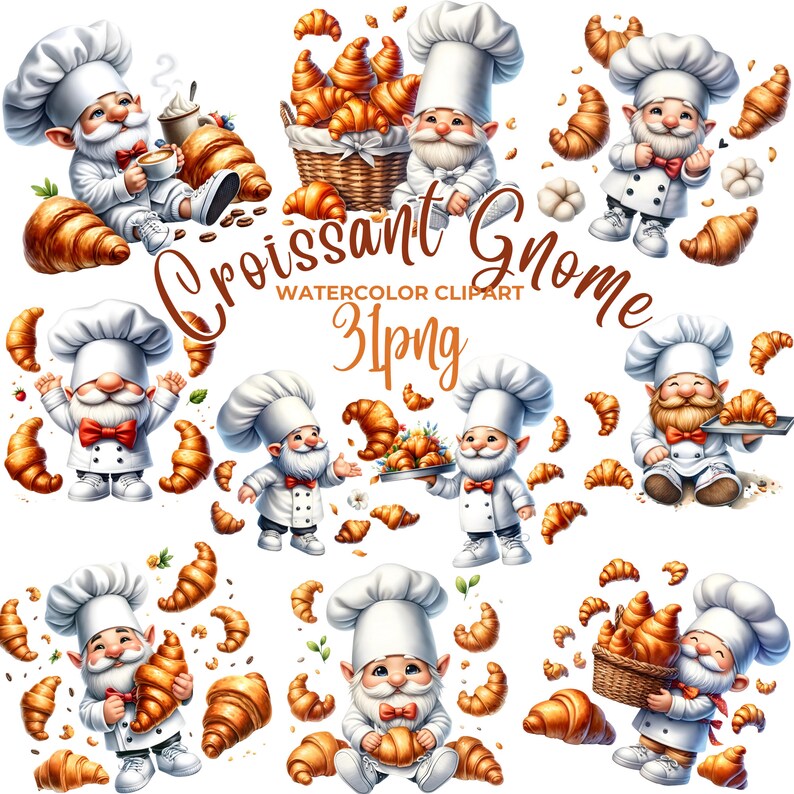 Croissant Gnome Watercolor Clipart, Delightful Baker Gnome Collection ...