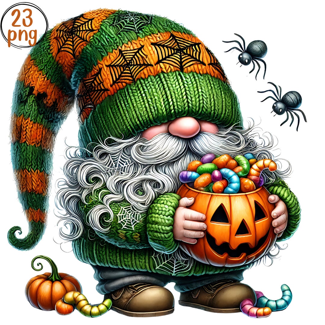 Halloween Candy Gnome Clipart - 23 PNG Watercolor Illustrations - High ...