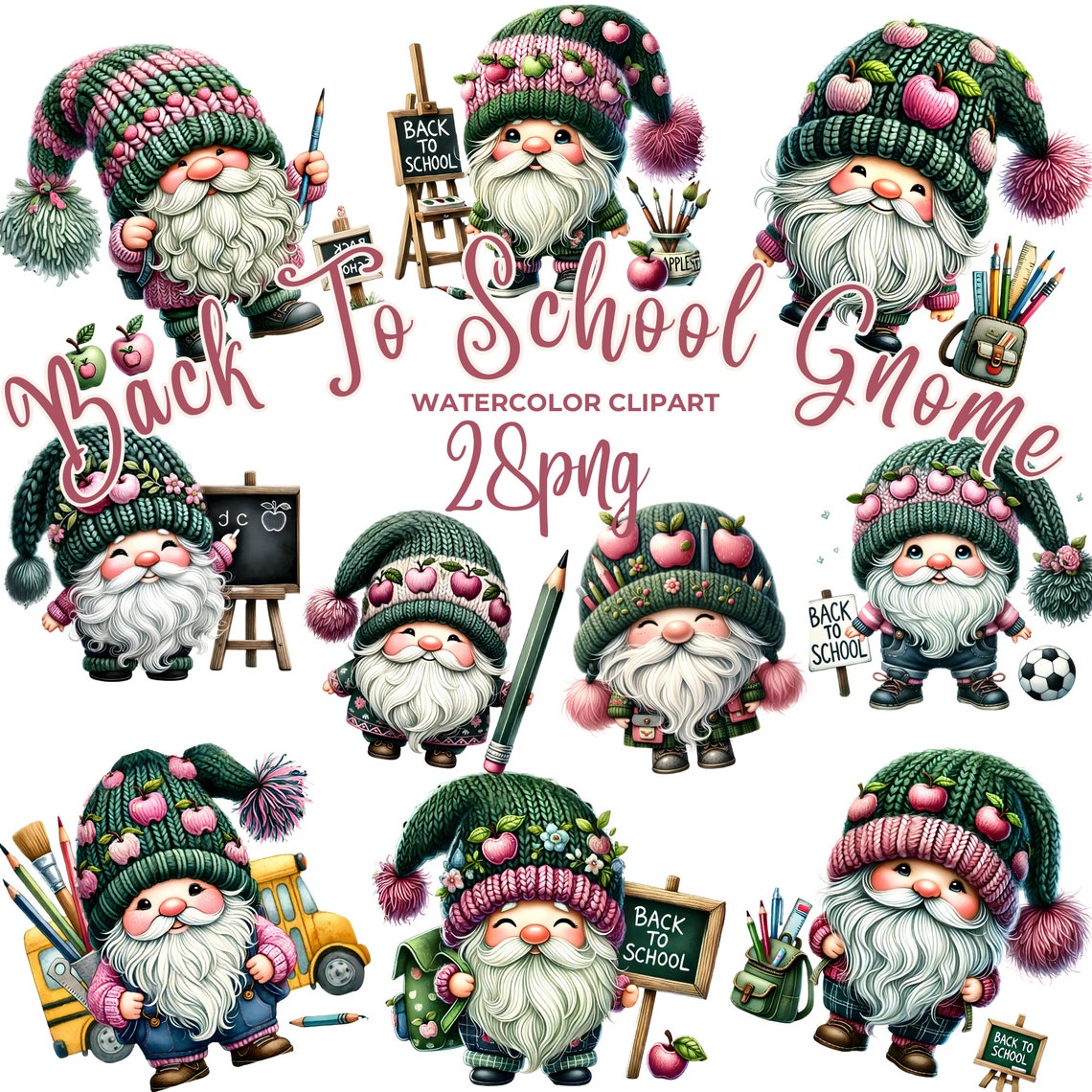 Watercolor Back to School Gnome Clipart, Teacher Student PNG (digital ...