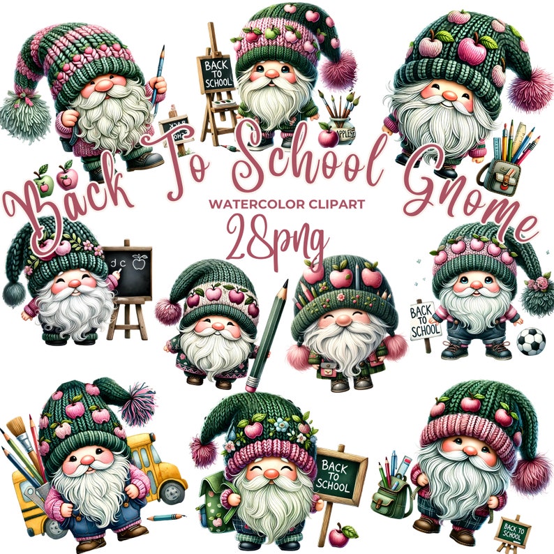 Back to School Gnome Clipart Bundle, Watercolor Gnomes PNG, Graduation ...