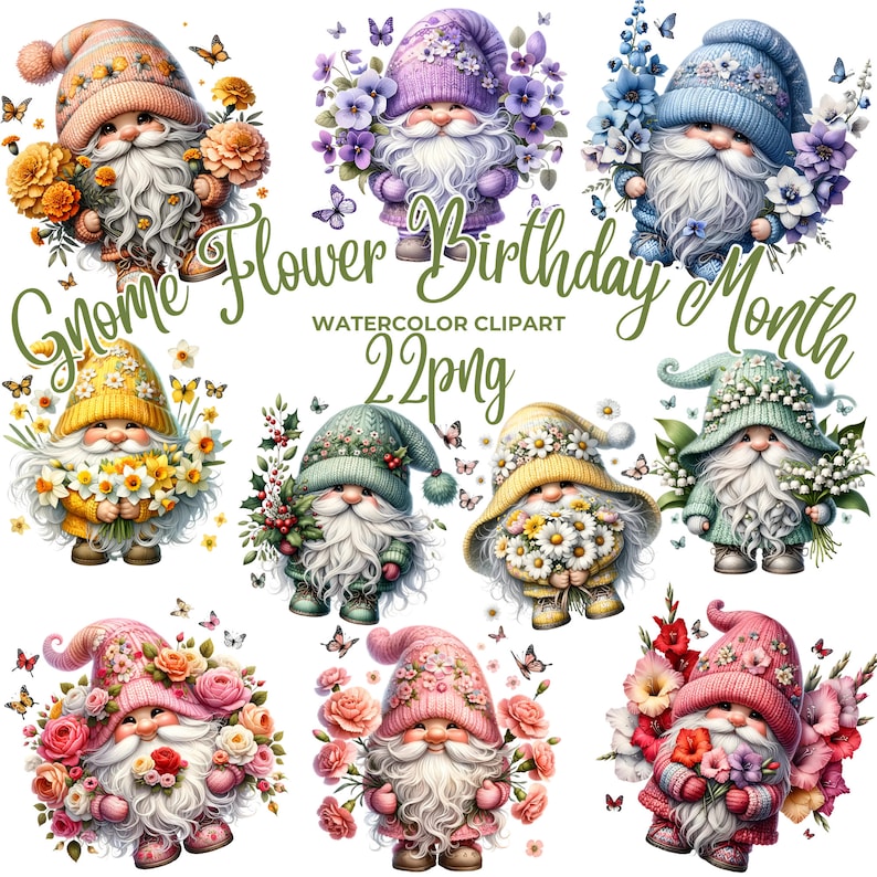 Gnome Flower Birthday Month Watercolor Clipart Set,birth Month Flower ...