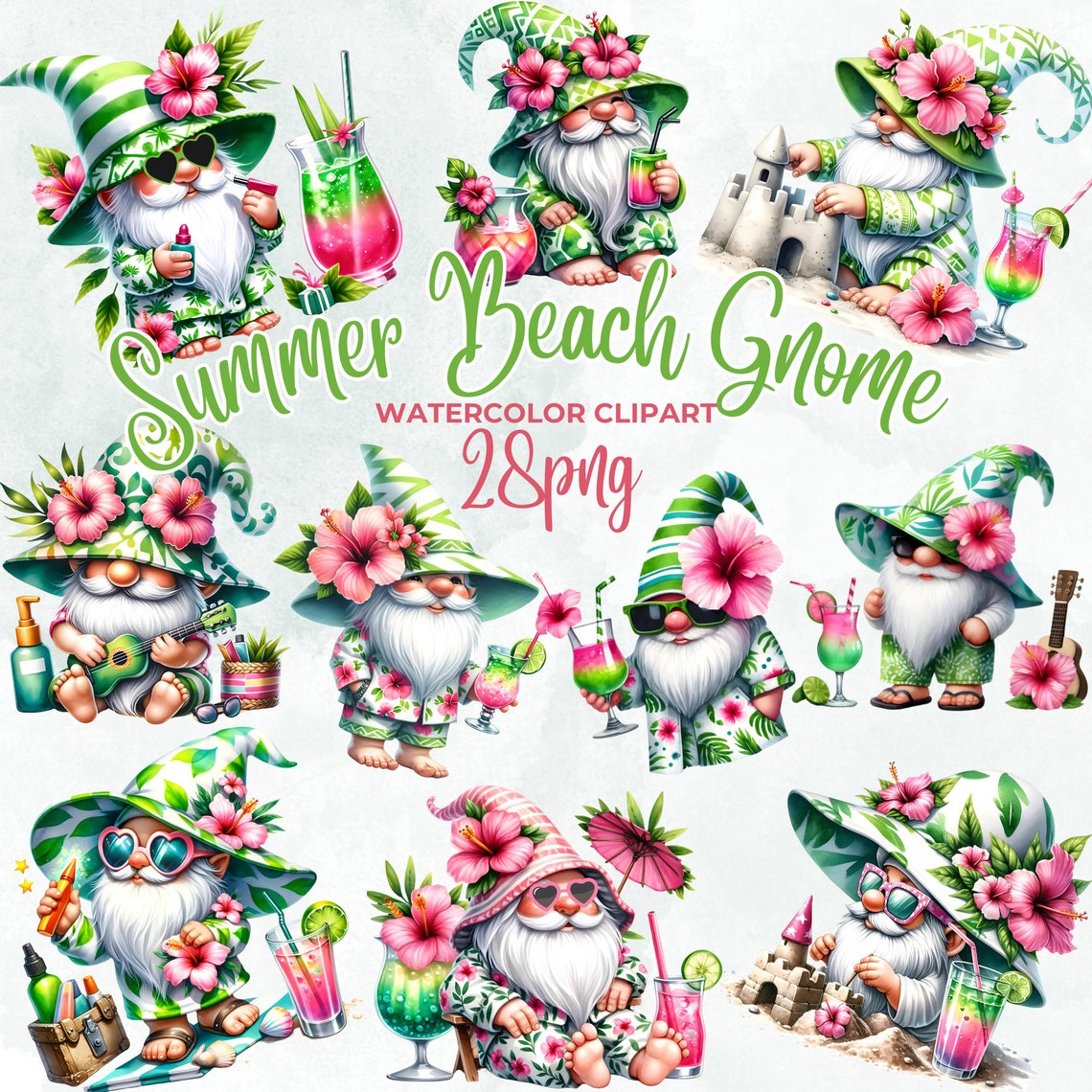 Watercolor Summer Beach Gnome Clipart Bundle 28 Png, Seashell Starfish ...