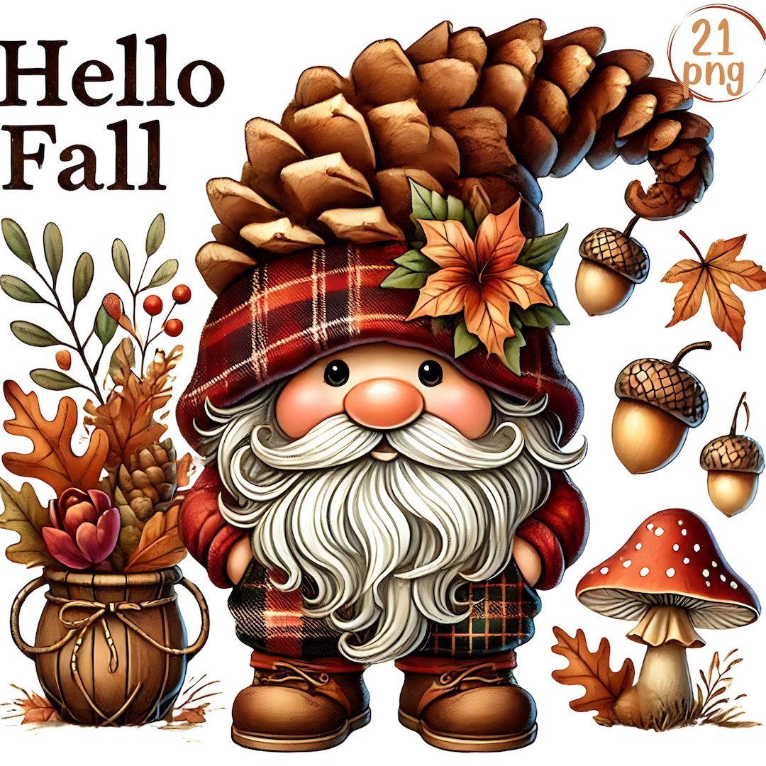 Hello Fall Gnome Watercolor Clipart - 21 Autumn Pngs, Fall Gnome Png ...