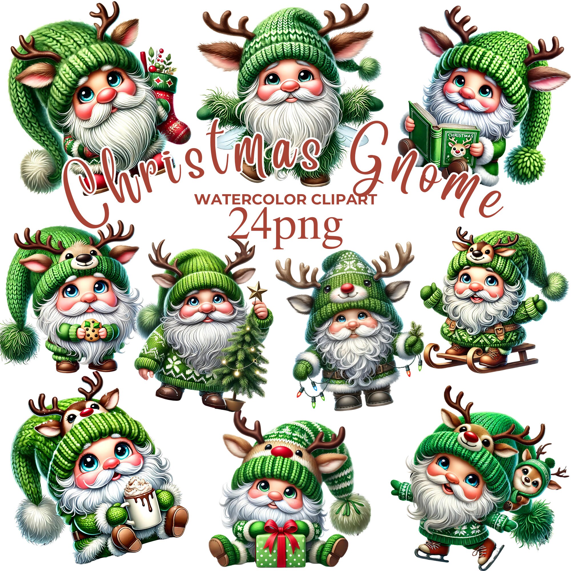Christmas Gnome Watercolor Clipart Set 24 PNG Digital Download, Fantasy ...