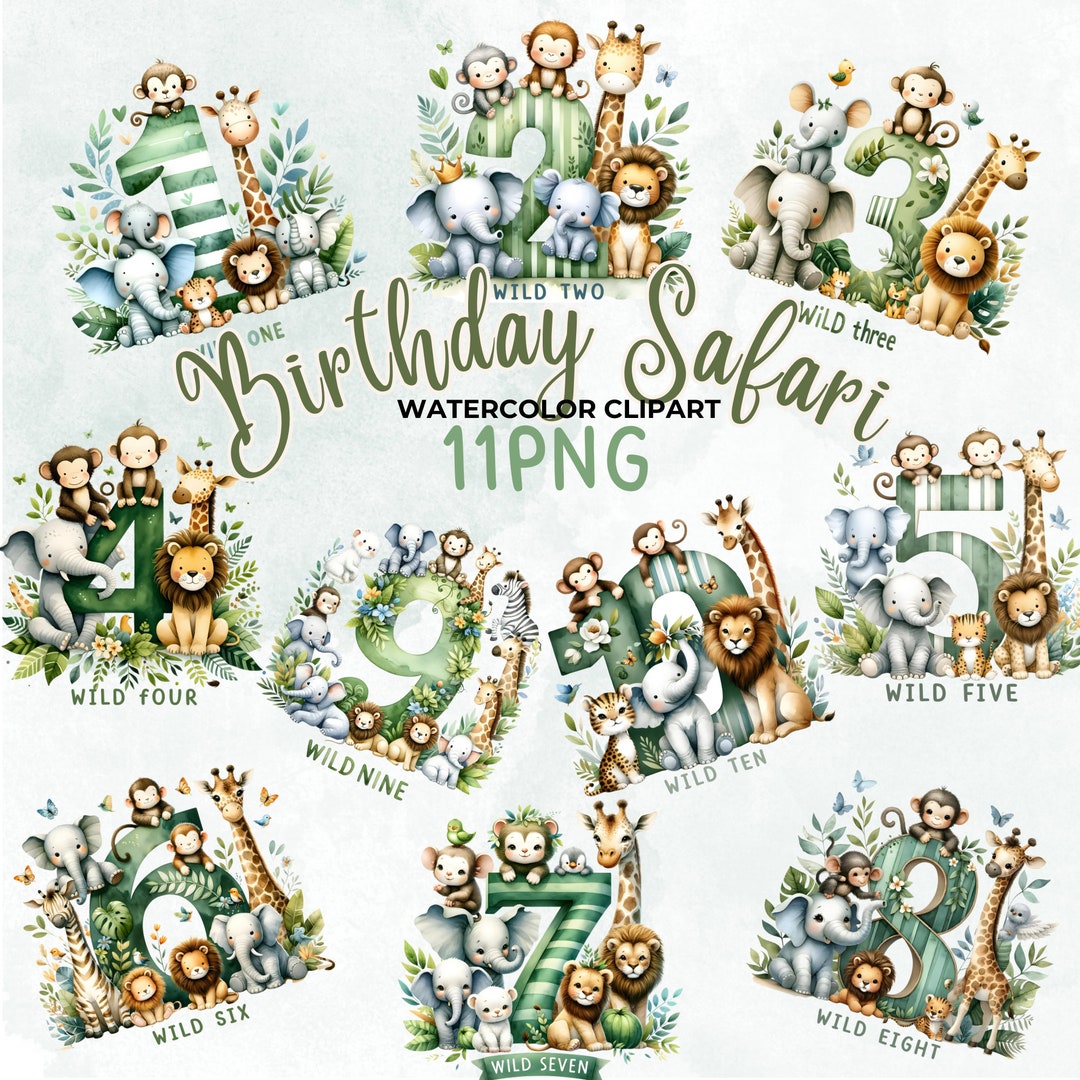 Safari Birthday Party Clipart Set - Watercolor Jungle Animals, Safari ...