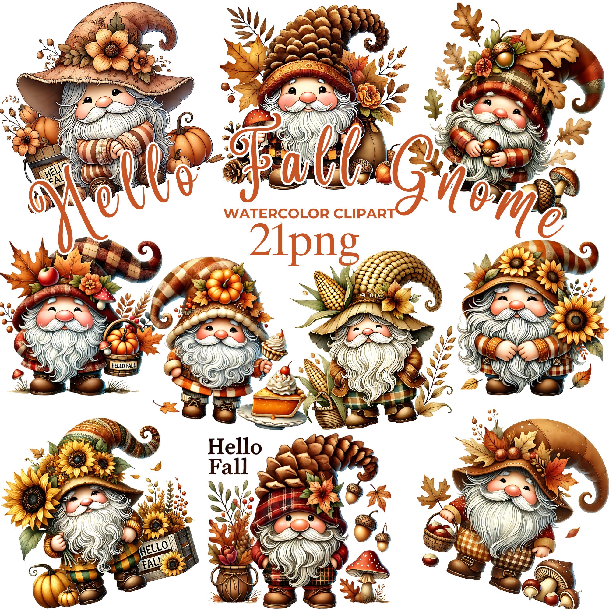 Hello Fall Gnome Watercolor Clipart 21 Autumn Pngs, Fall Gnome Png ...