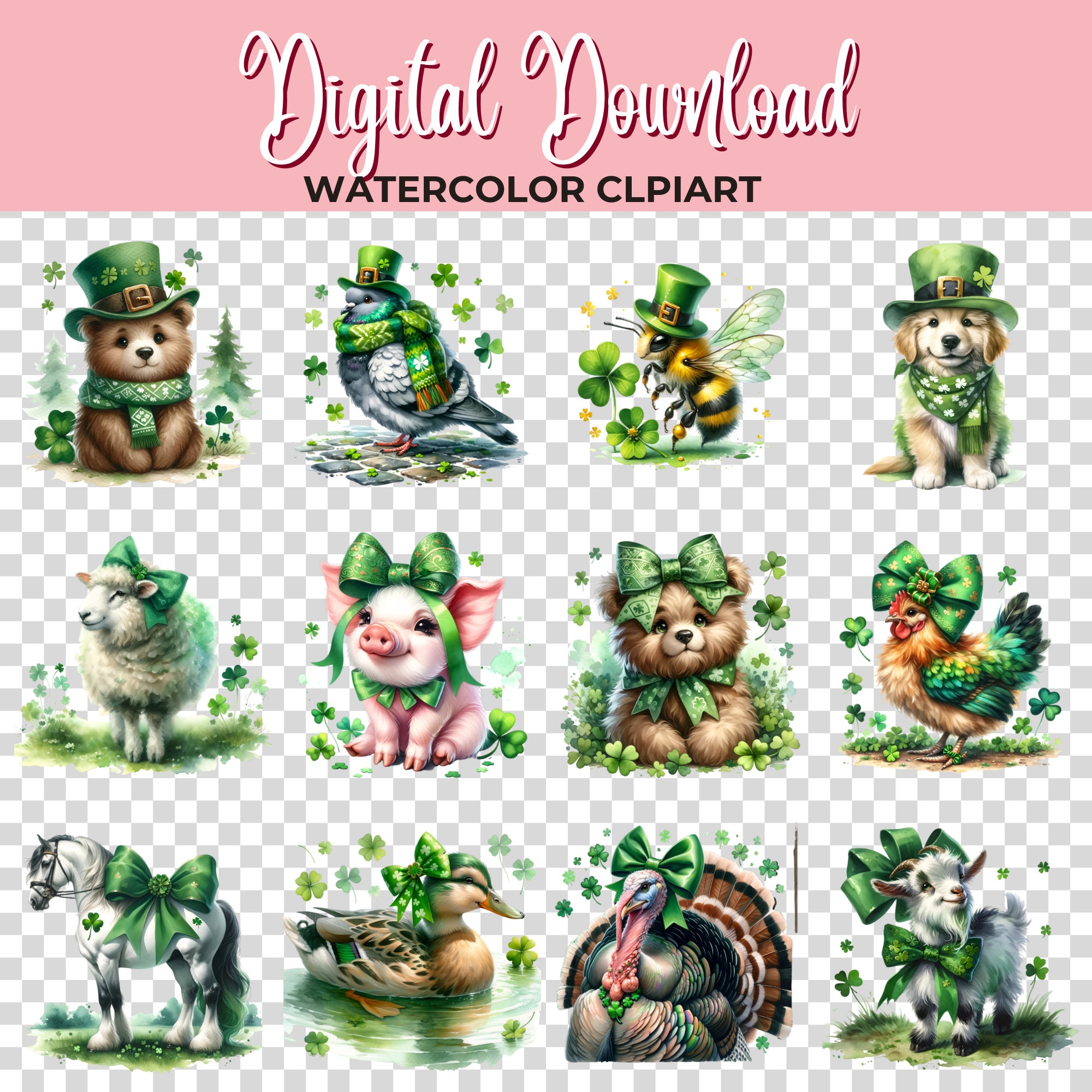 St. Patrick's Day Animal Collection Digital Watercolor Clipart ...