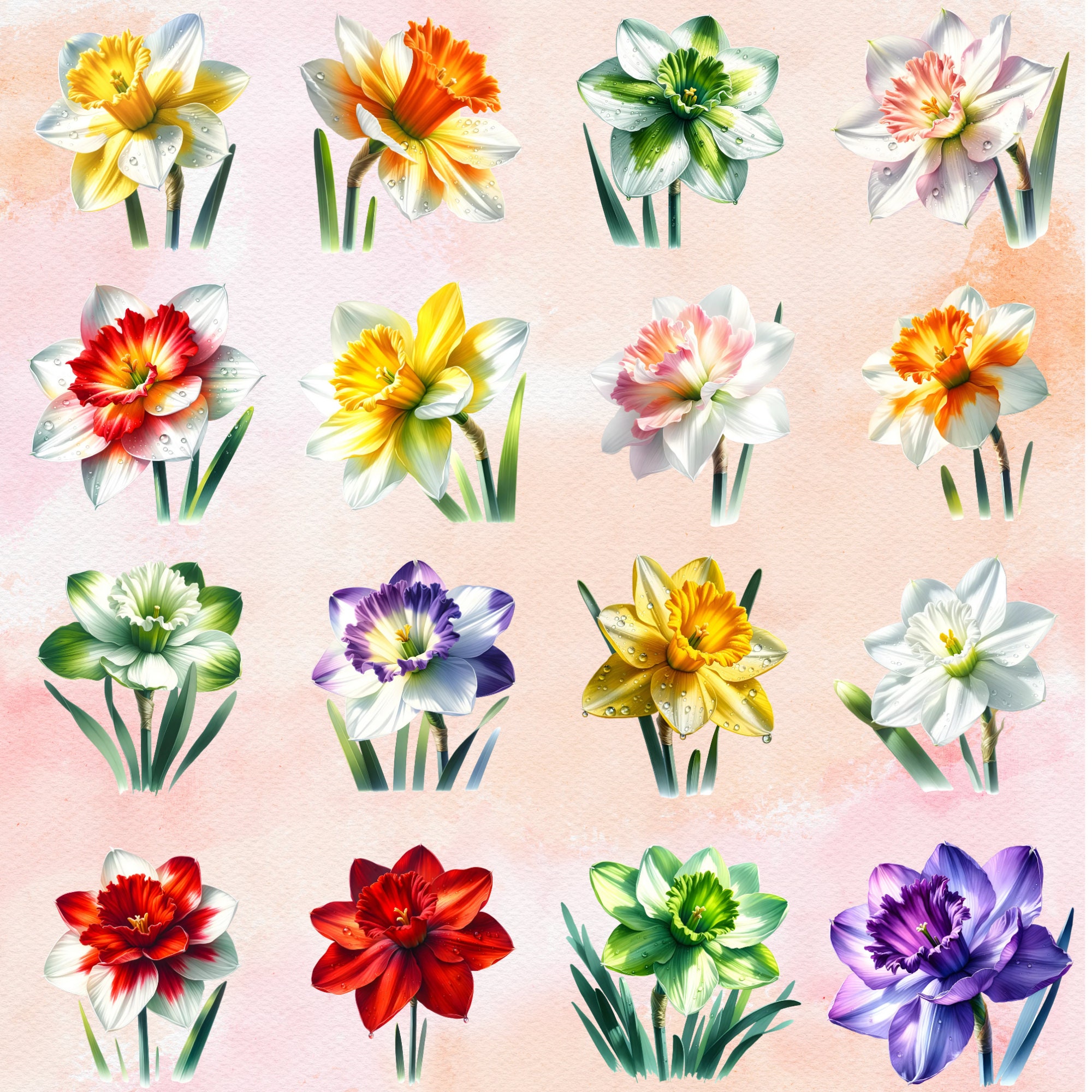 Spring Daffodil Watercolor Clipart Set - 20 PNG Files, Transparent ...