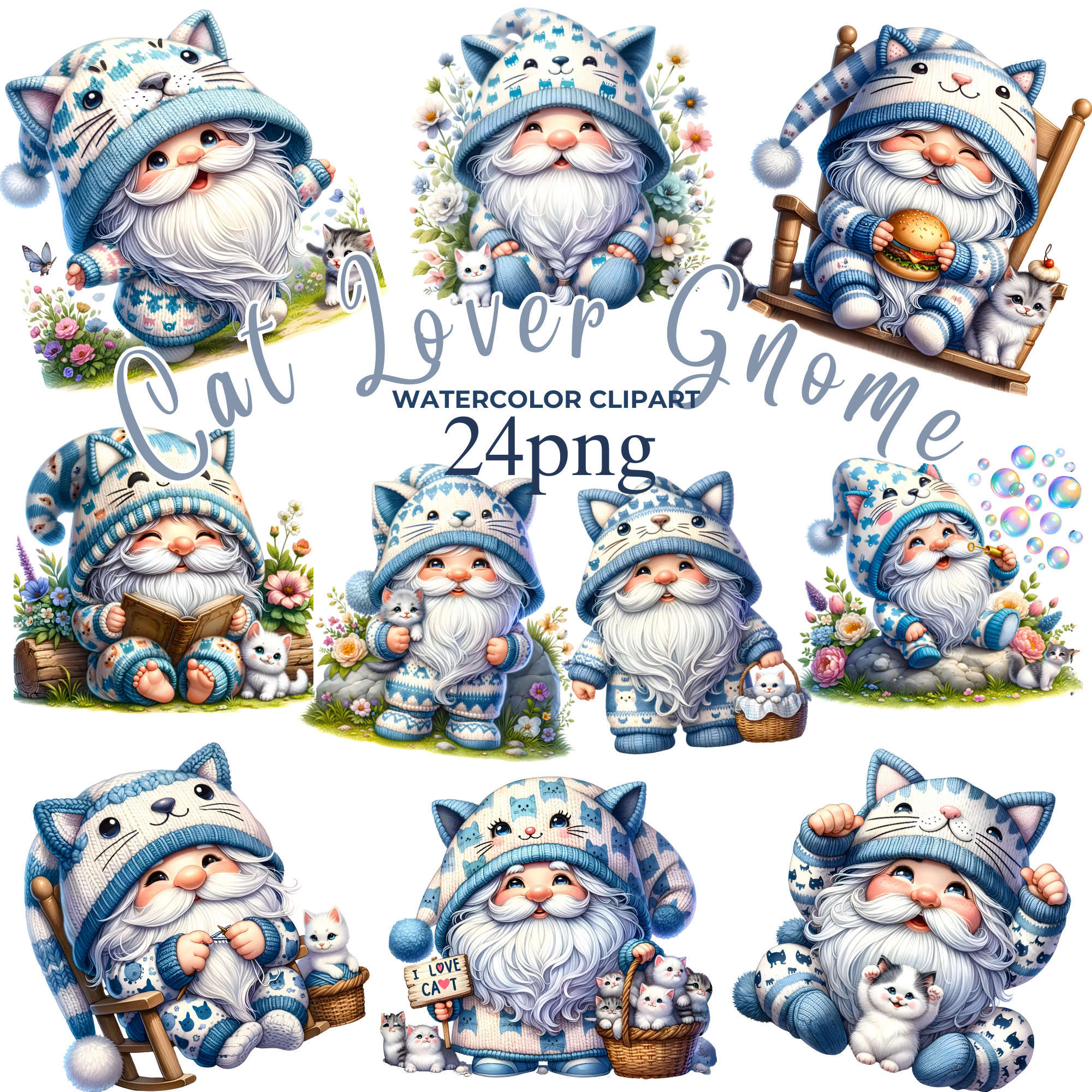 Cat Lover Gnome Watercolor Clipart 24 Pngs Digital Download, Cat Lover ...