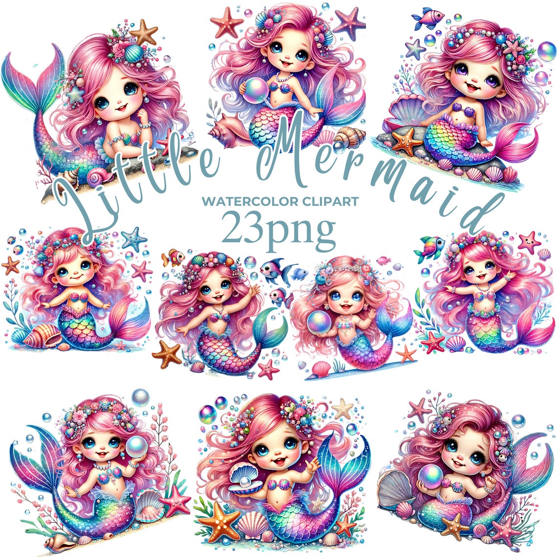 Cute Mermaid Clipart, Whimsical Little Mermaid Clipart, Gnomes Mermaid ...