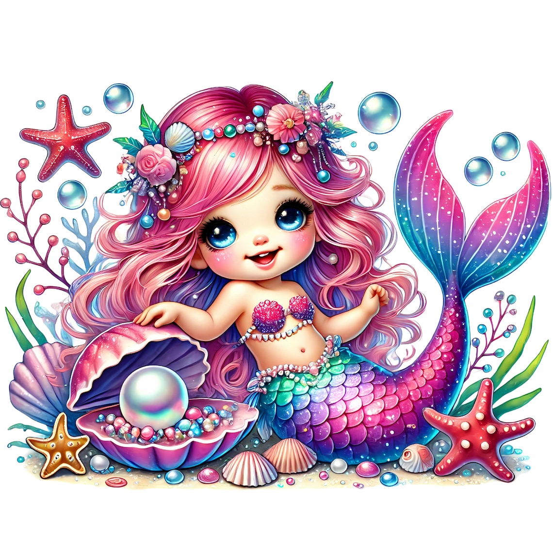 Cute Mermaid Clipart, Whimsical Little Mermaid Clipart, Gnomes Mermaid ...