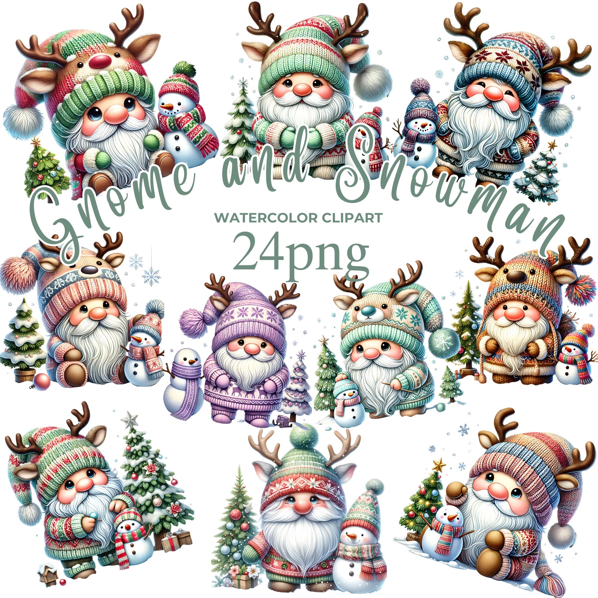 Watercolor Gnome & Snowman Clipart – Christmas PNG Art (digital ...