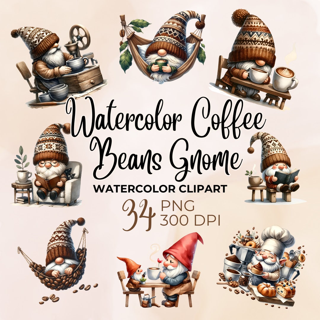 Coffee Gnome Watercolor Clipart Set - 34 PNG Digital Downloads ...