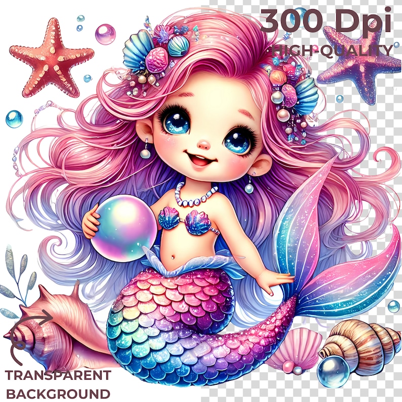 Cute Mermaid Clipart, Whimsical Little Mermaid Clipart, Gnomes Mermaid ...
