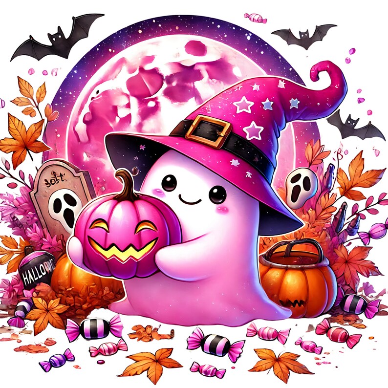 Pink Halloween Clipart – Spooky Watercolor Ghost & Pumpkins (digital ...