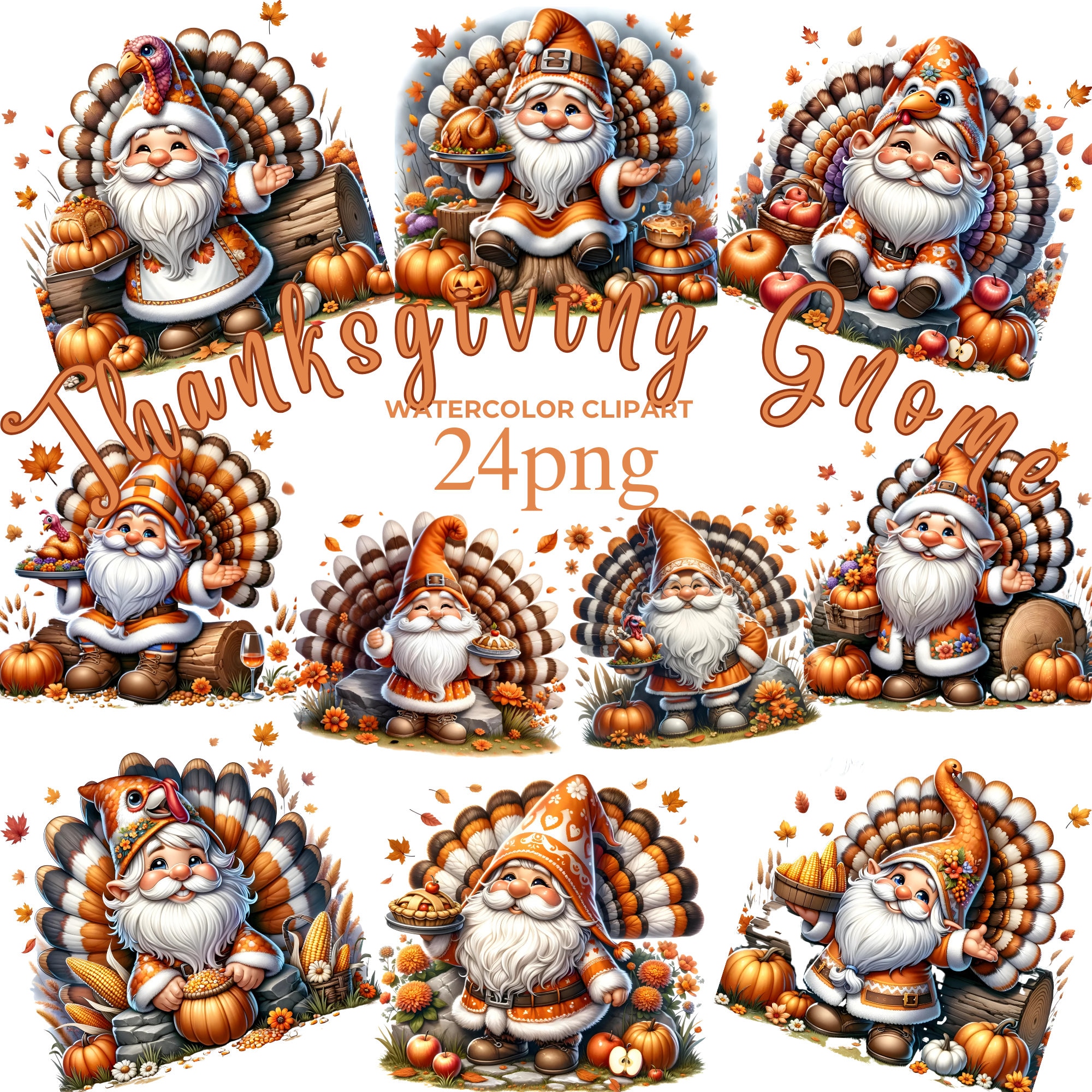 Thanksgiving Gnome Watercolor Clipart 24 Pngs Digital Download ...