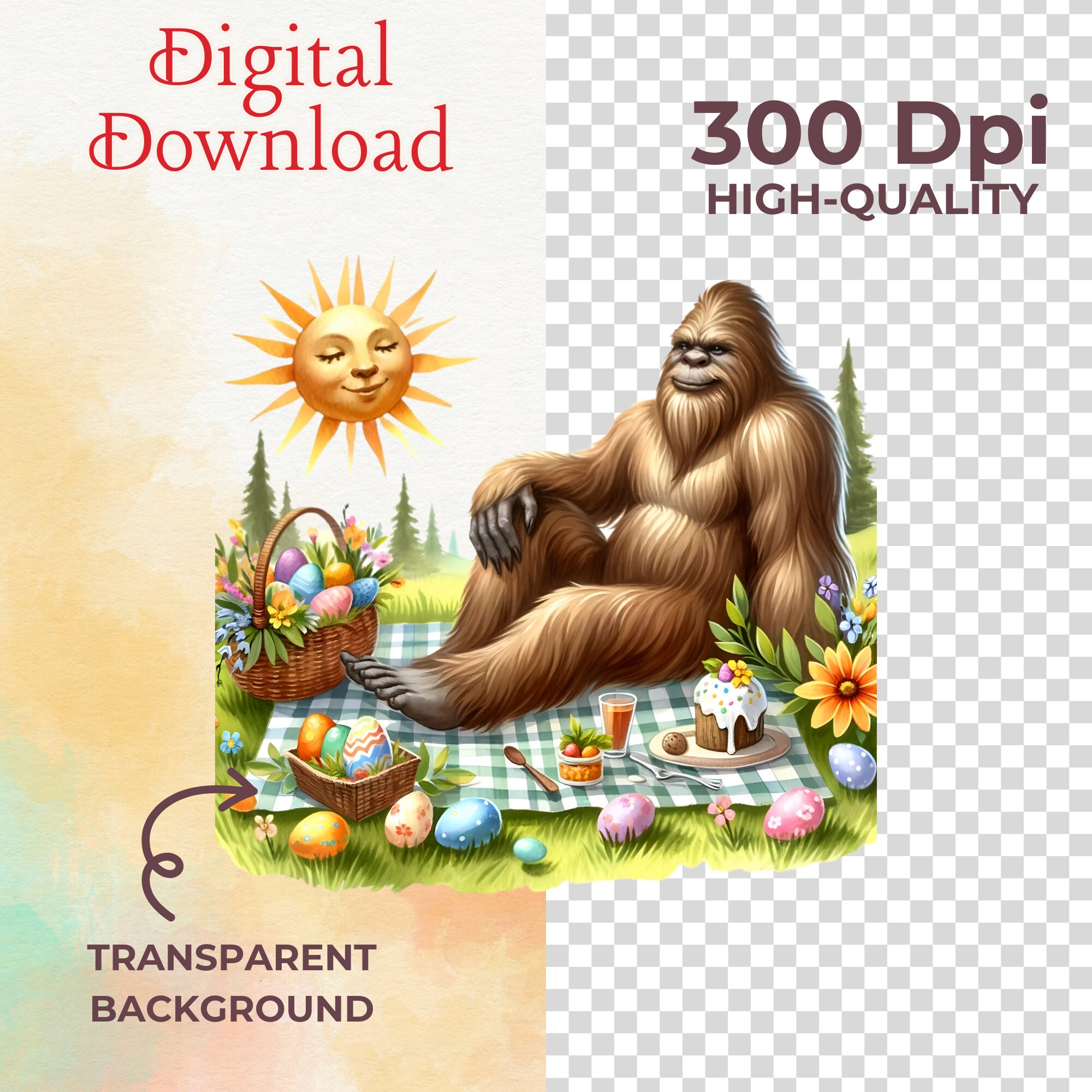 Easter Bigfoot & Bunny Watercolor Art – Whimsical Spring Print (digital ...