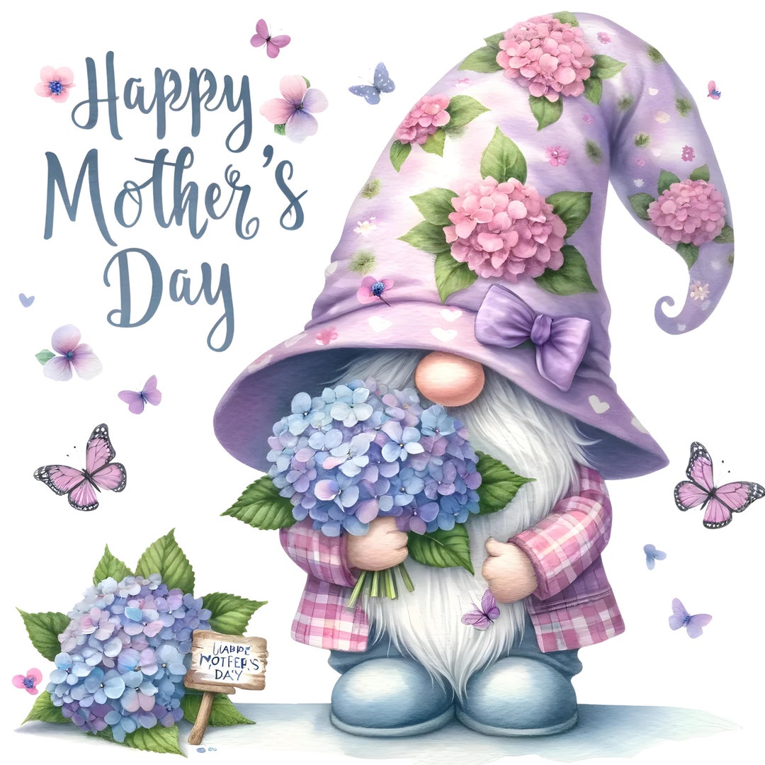 Hydrangea Haven - Mother's Day Gnome Watercolor Clipart, Serene and ...