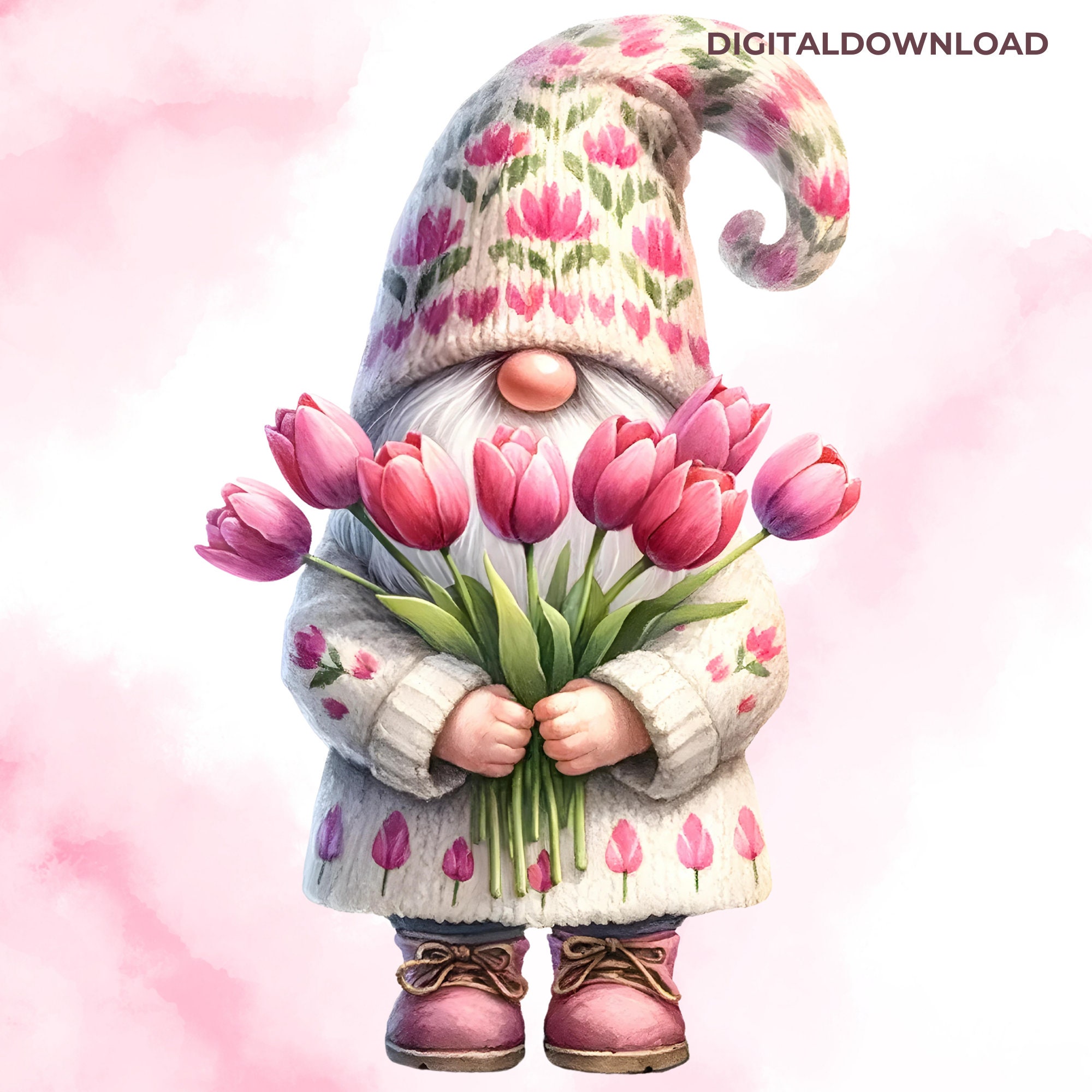 Watercolor Tulips Floral Gnome Clipart 28 PNG Bundle, Garden Gnome ...
