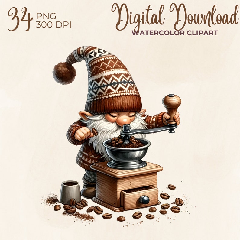 Coffee Gnome Watercolor Clipart Set 34 PNG Digital Downloads ...