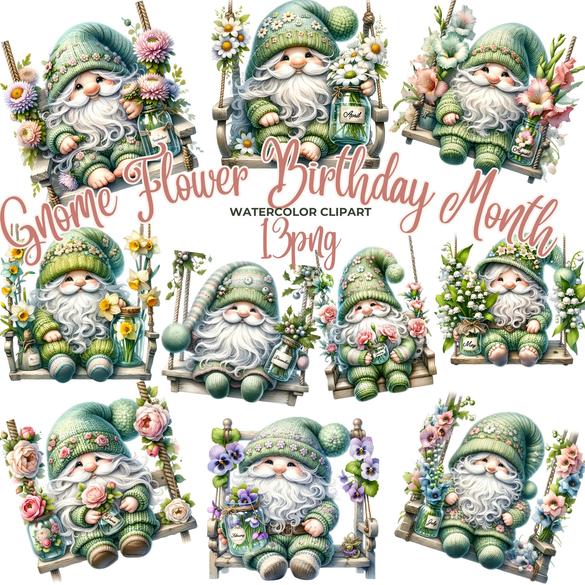 Gnome Flower Birthday Month Watercolor Clipart Set,birth Month Flower ...