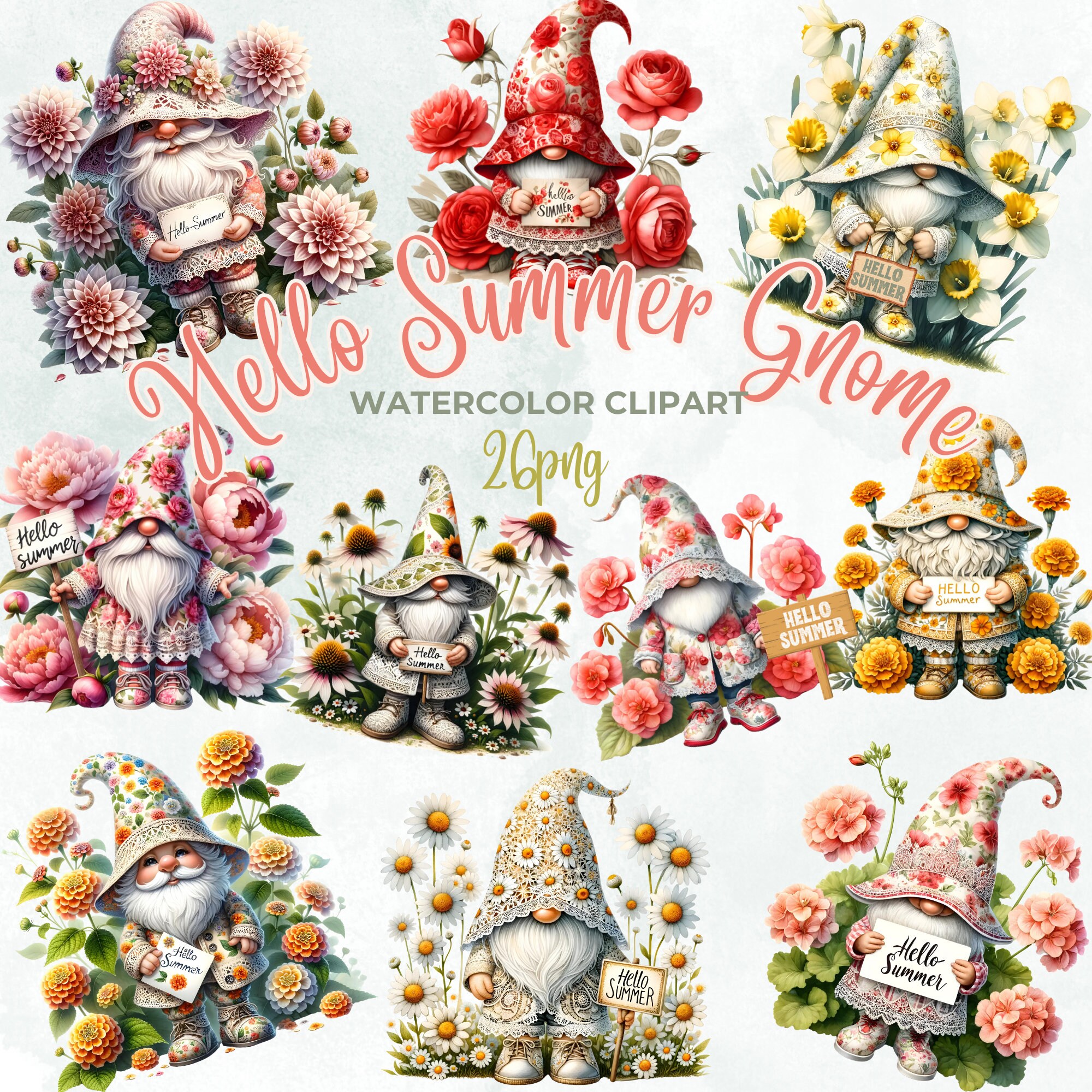 Watercolor Summer Gnome Clipart, Floral Sign (digital Images) - Etsy