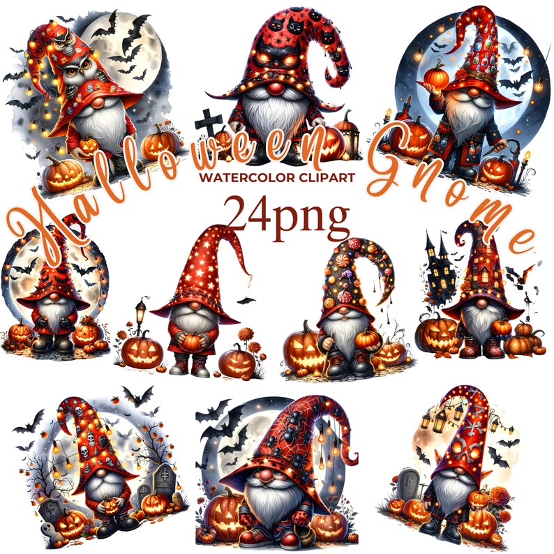 Watercolor Halloween Grove Gnomes Collection Clipart, 24 PNG Spooky ...