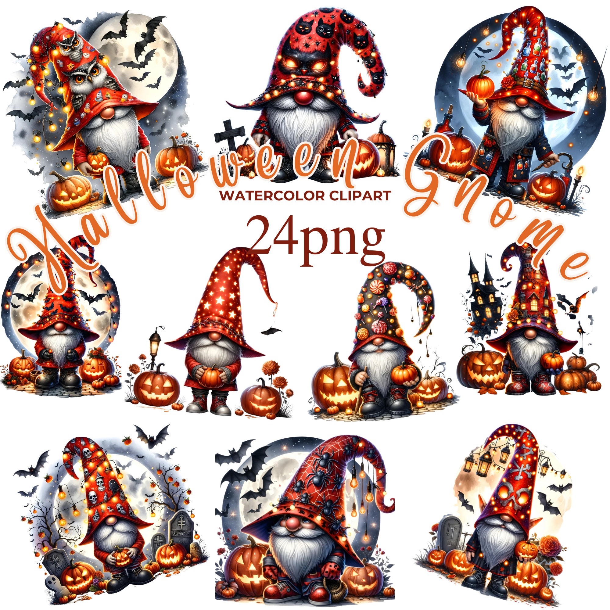 Watercolor Halloween Grove Gnomes Collection Clipart, 24 PNG Spooky ...