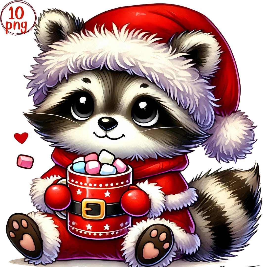 Christmas Raccoon Clipart | Adorable Holiday Animals With Santa Hats ...