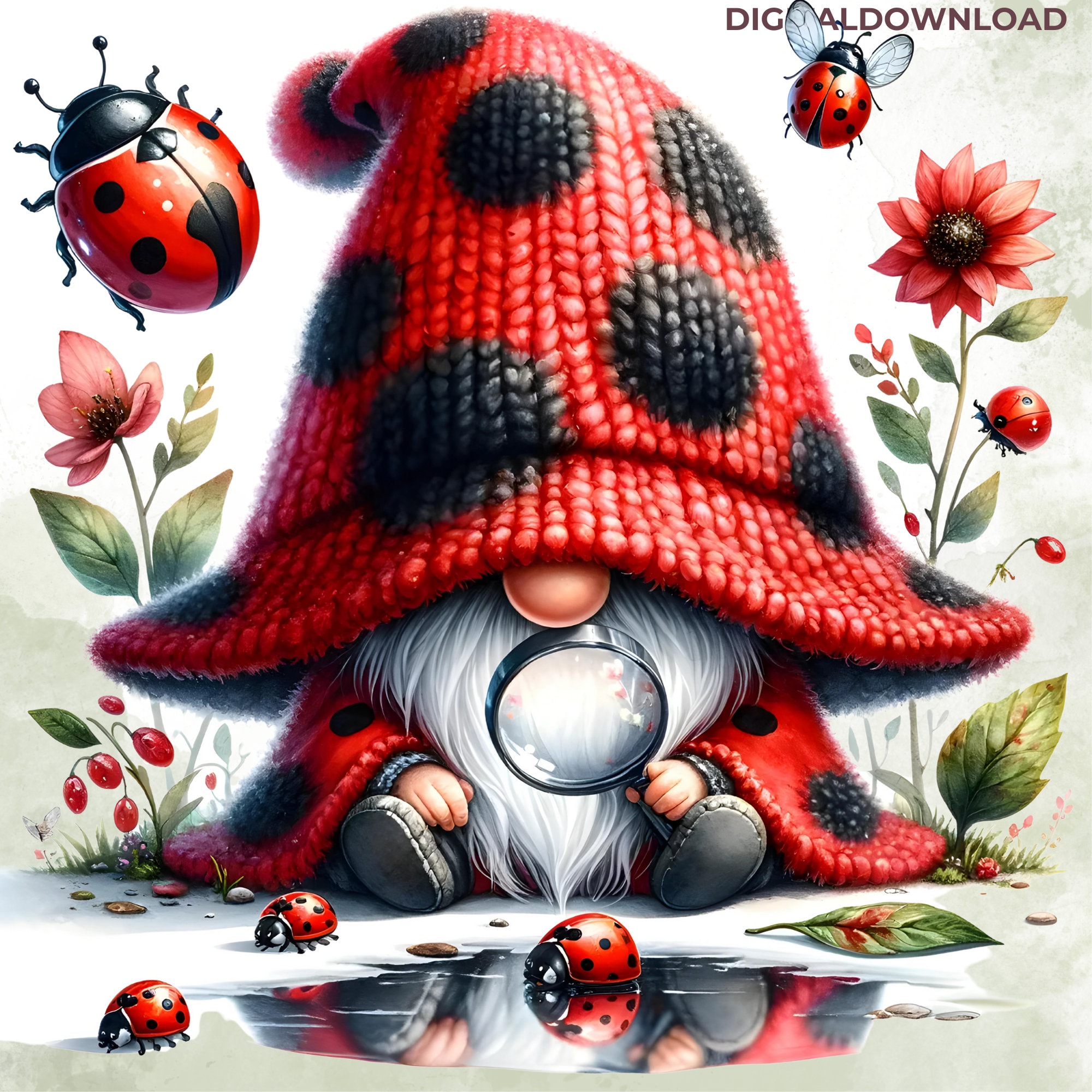 Enchanted Ladybug Gnome Clipart Set 30 Watercolor Pngs, Cute Gnome PNG ...