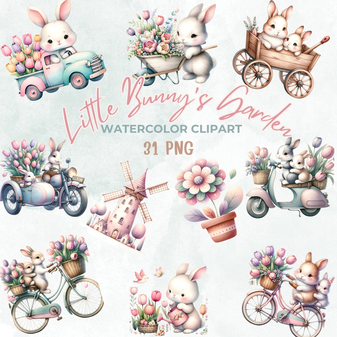 Enchanted Bunny Garden Clipart Watercolor Bunny Bunnies With Flower ...