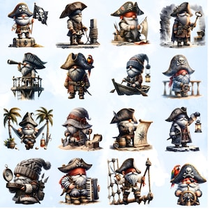 Adventurous Pirate Captain Gnome Clipart - 24 High-res Watercolor Pngs ...