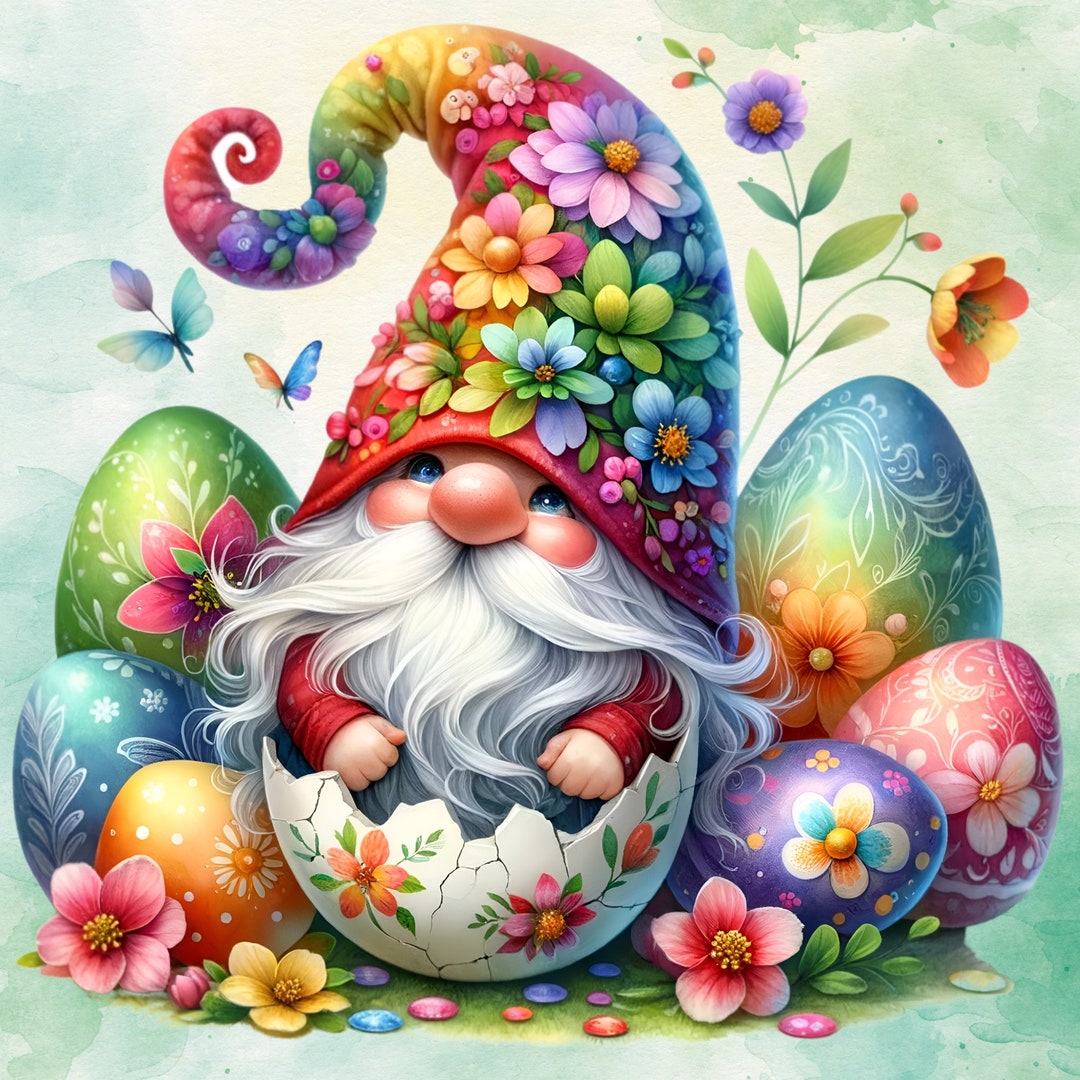 Whimsical Garden Gnome and Floral Easter Eggs Clipart Bundle ...