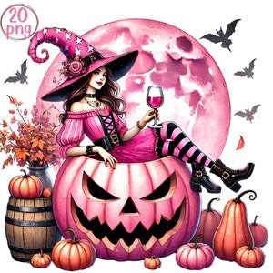 Pink Halloween Witch Watercolor Clipart – 20 PNG Designs (digital ...
