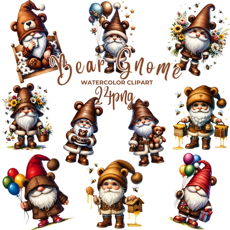 Bear Gnome Watercolor Clipart Collection, Cute Digital Gnomes With Bears for Crafts ...
