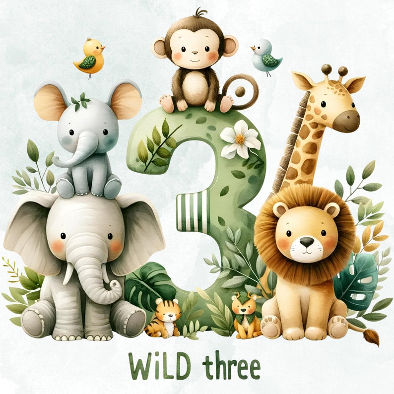 Safari Birthday Party Clipart Set Watercolor Jungle Animals, Safari ...