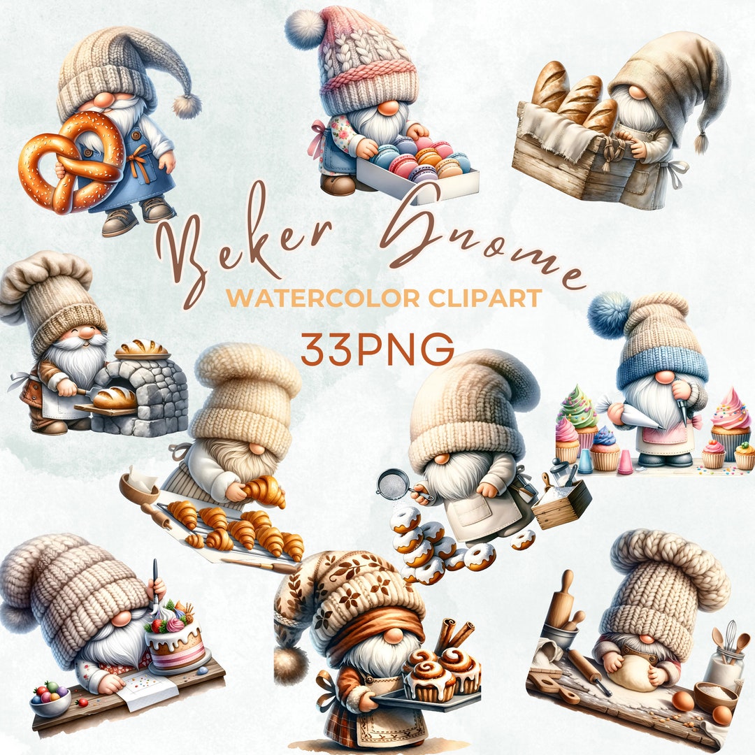 Charming Baker Gnome Clipart Collection - 33 Watercolor Pngs ...