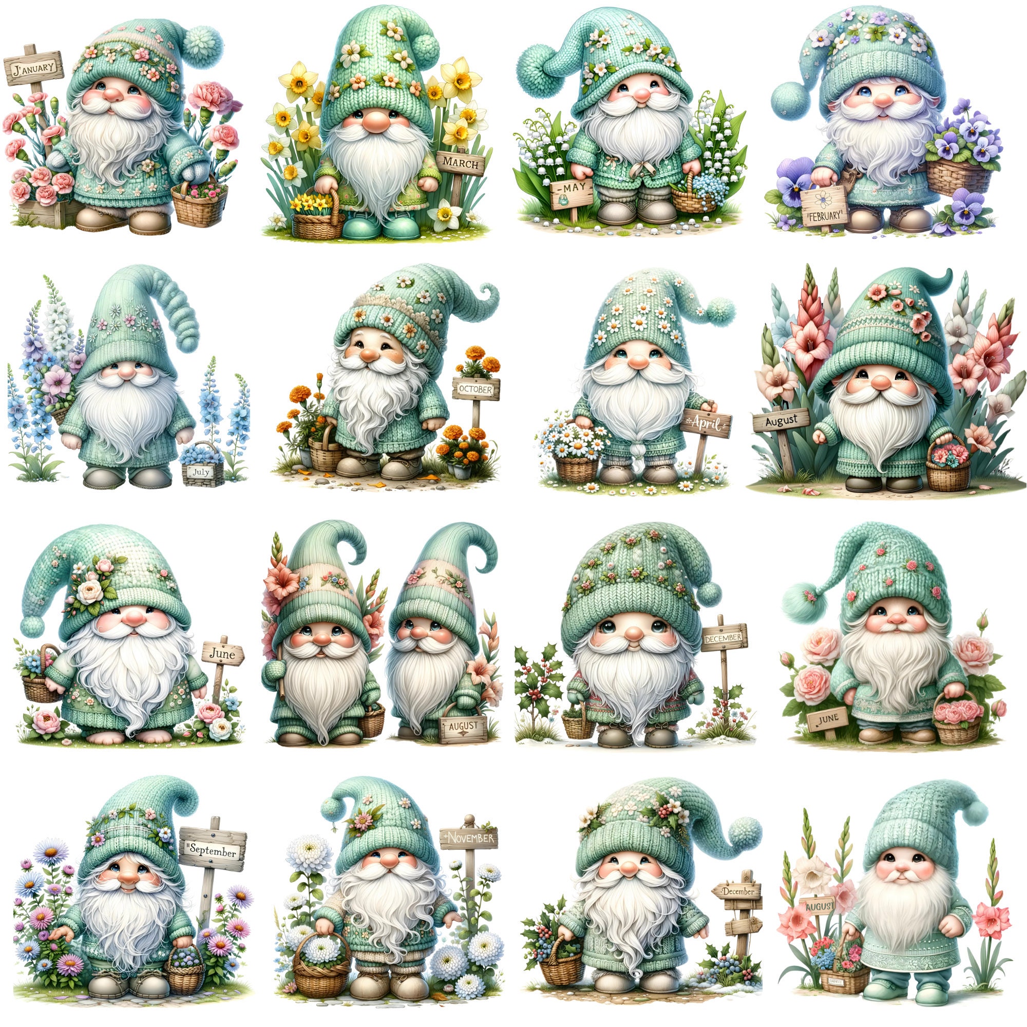 Gnome Flower Birthday Month Watercolor Clipart Set, Floral Gnome PNG ...