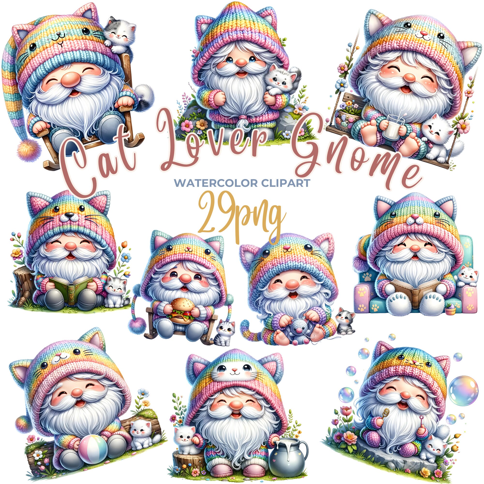 Rainbow Cat Lover Gnome Watercolor Clipart 29 Pngs Digital Download ...