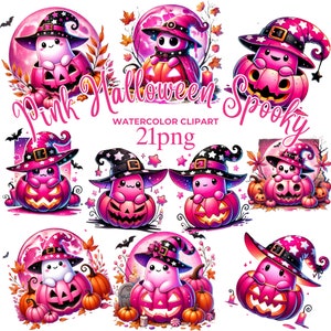 Pink Halloween Clipart – Spooky Watercolor Ghost & Pumpkins (digital ...