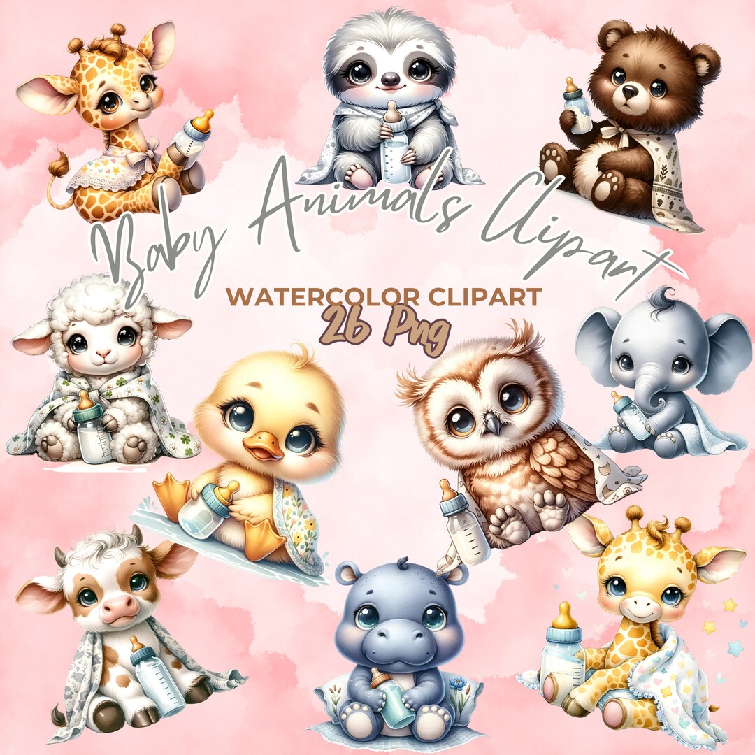 Adorable Baby Animals Watercolor Clipart | 26 PNG Files, Transparent ...