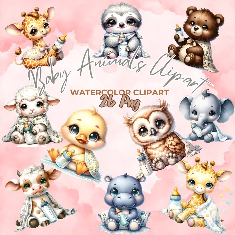Adorable Baby Animals Watercolor Clipart 26 PNG Files, Transparent ...