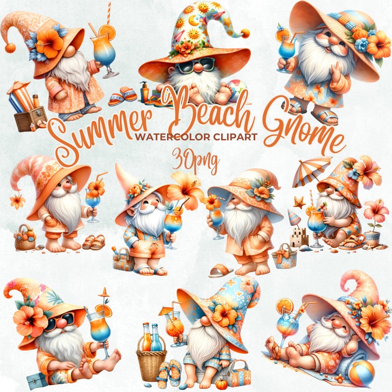 Watercolor Summer Beach Gnome Clipart Bundle Png, 30 Png Bundle ...