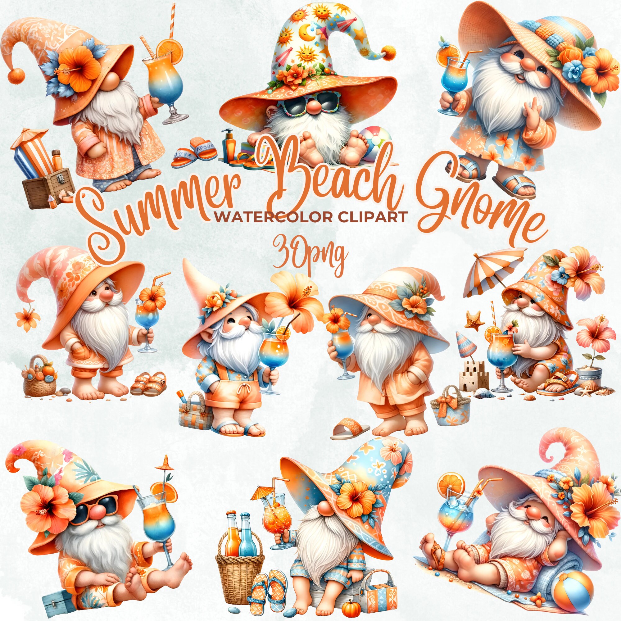 Watercolor Summer Beach Gnome Clipart Bundle Png, 30 Png Bundle ...