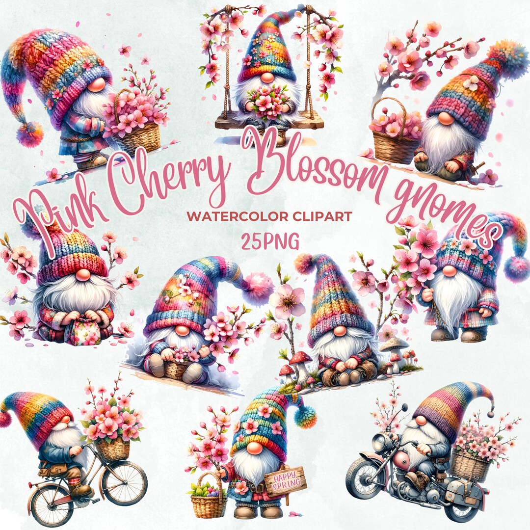 Watercolor Pink Cherry Blossom Gnomes Png, Cute Floral Gnome ...
