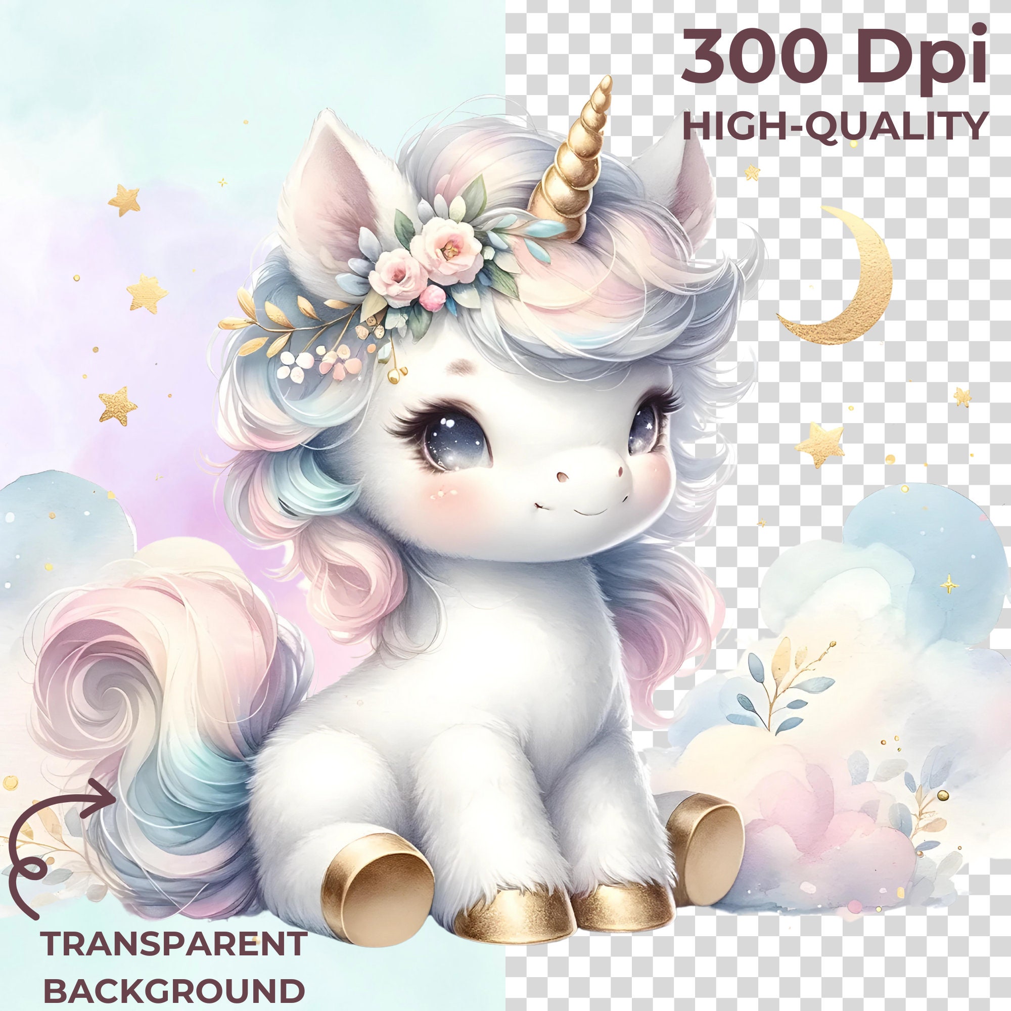 Magical Baby Unicorn Clipart Set, Transparent Background, Digital ...