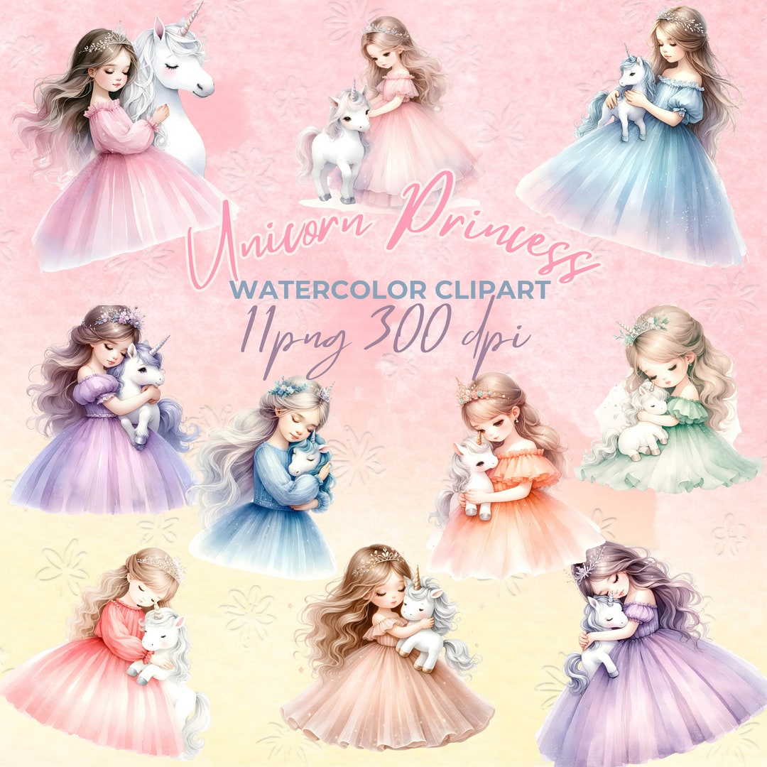 Unicorn Princess Watercolor Clipart, Dreamy Nursery Art (PNG) - Etsy
