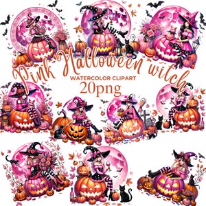 Pink Halloween Witch Watercolor Clipart – 20 PNG Designs (digital ...