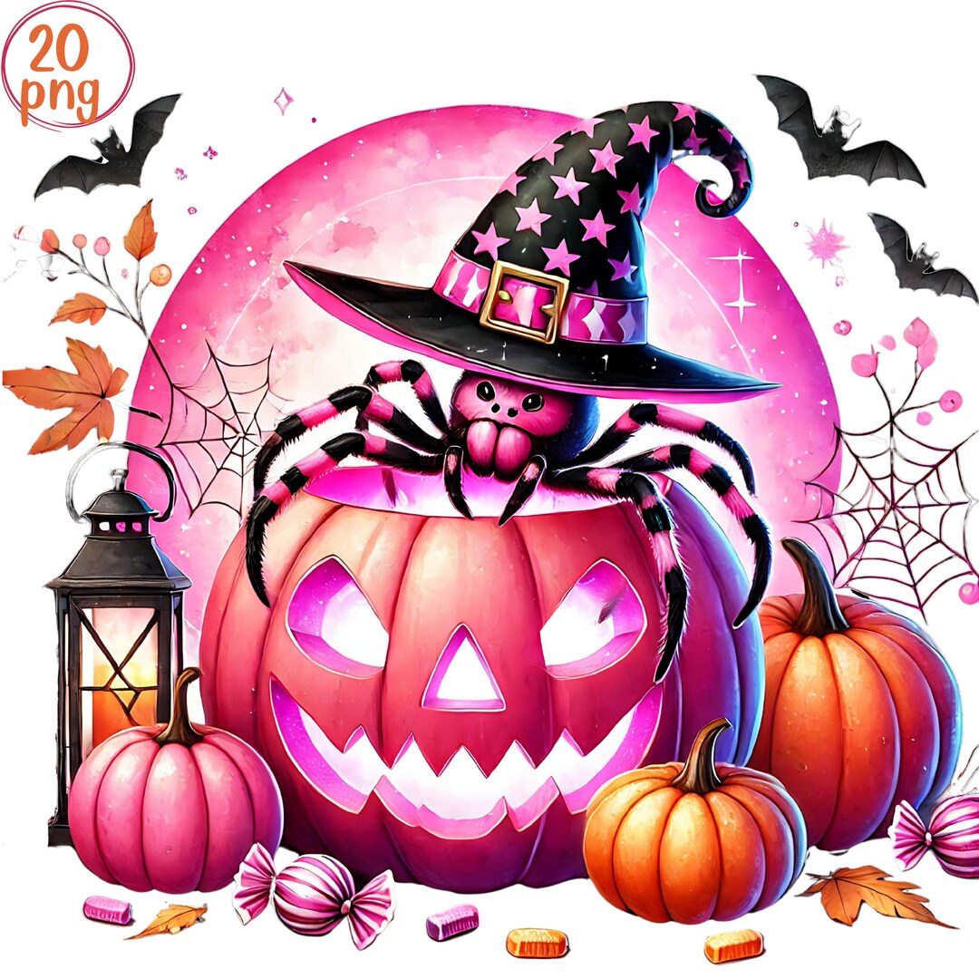 Pink Halloween Spider Watercolor Clipart, 20 PNG Designs (digital ...