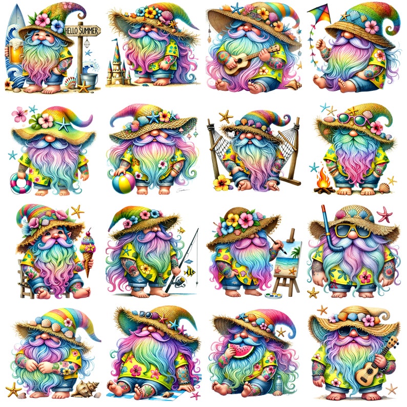 Summer Gnome Watercolor Clipart Bundle 25 Pngs Watercolor Summer Beach ...